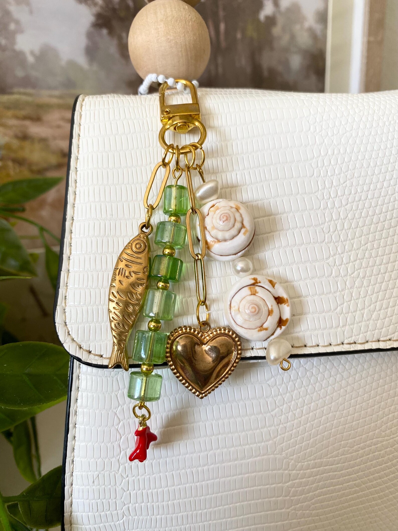 Gold Coastal Keychain With Seashells, Green Beads, Fish, and Heart ...
