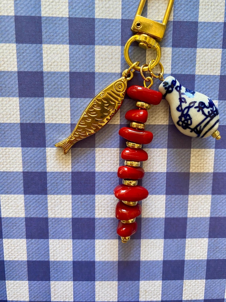 Red Beaded Keychain- Gold Sardine Keychain, Italian Summer Charm Bag ...