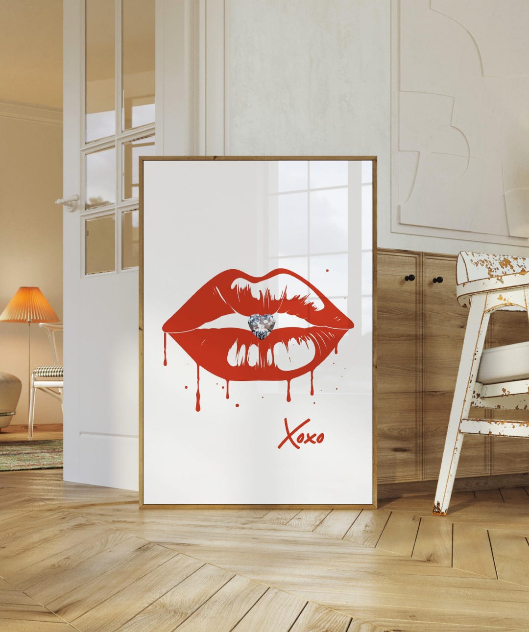 Red Dripping Lips With Diamond Wall Print, Trendy Wall Art, Red Lips ...