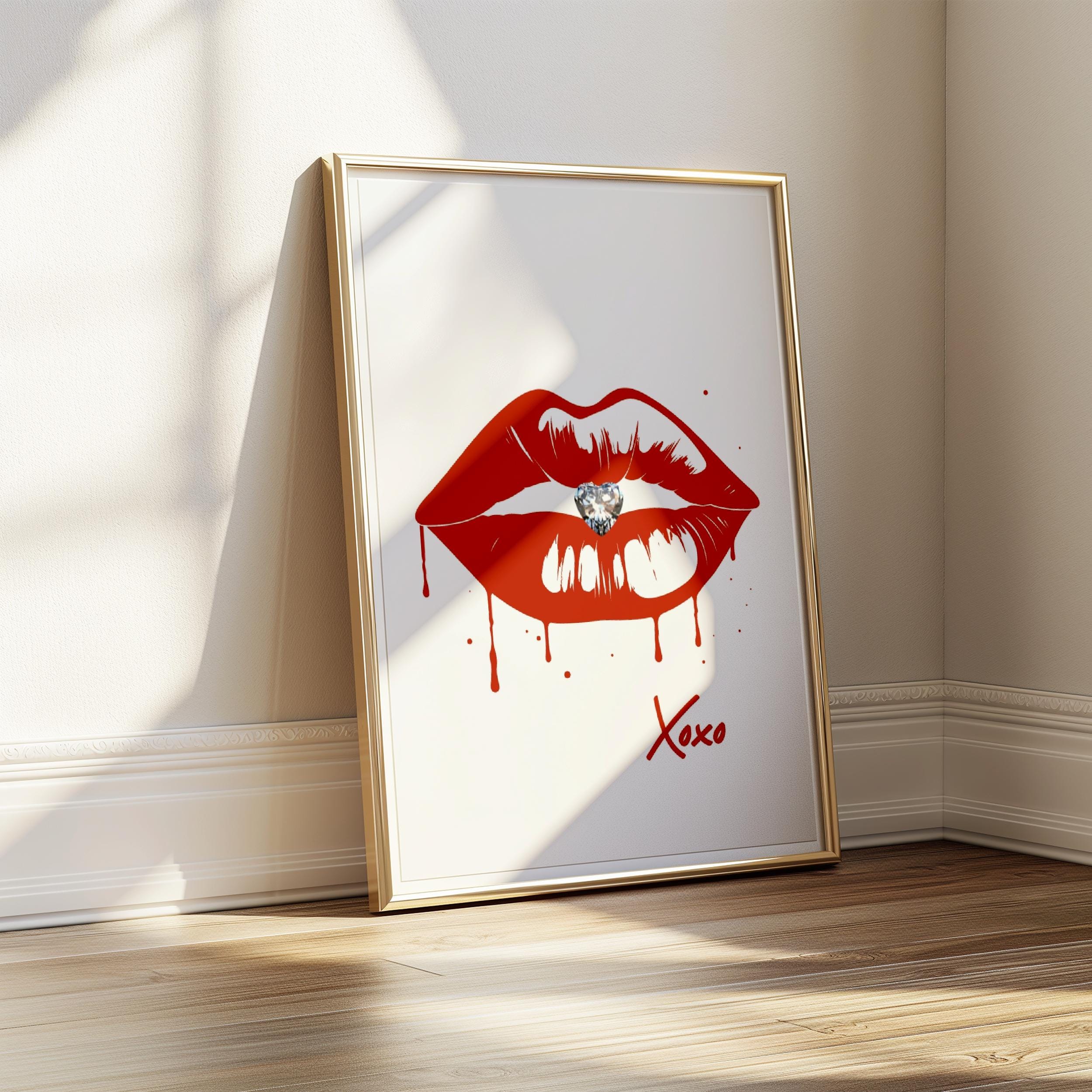 Red Dripping Lips With Diamond Wall Print, Trendy Wall Art, Red Lips ...