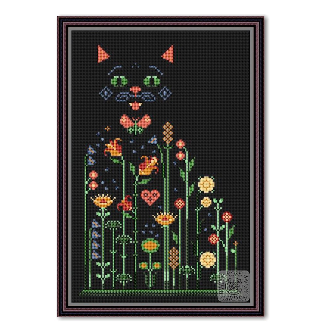 Cross Stitch Flower Cat Pattern, Summer Cat Primitive Pattern, Black ...