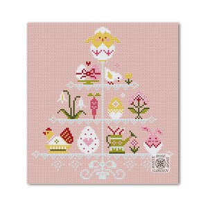Happy Easter Cross Stitch Pattern, Easter Cake Stand Sampler, Spring Sampler, Eggs Primitive ...