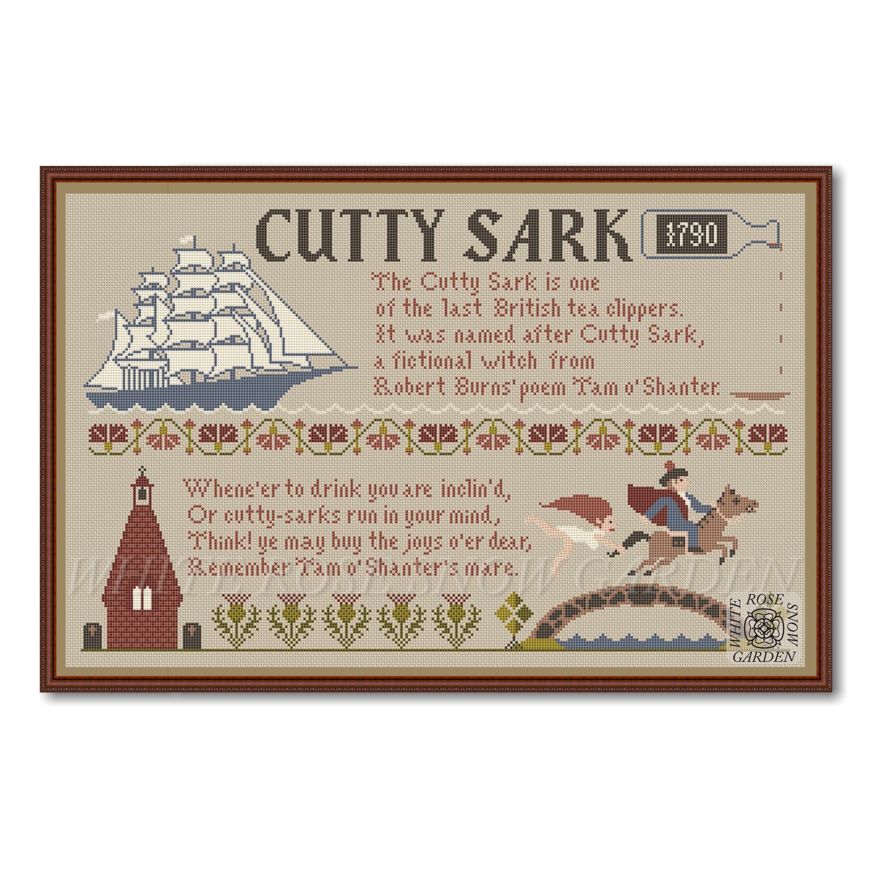 Cross Stitch Cutty Sark Pattern, Poem Tam O' Shanter Sampler, Primitive ...