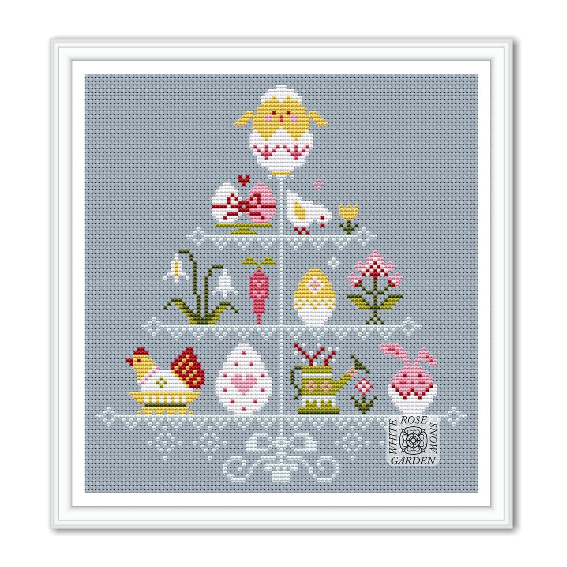 Happy Easter Cross Stitch Pattern, Easter Cake Stand Sampler, Spring Sampler, Eggs Primitive ...