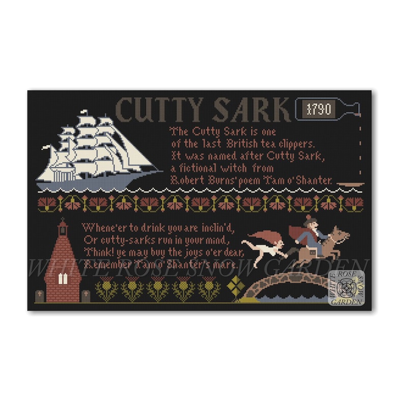 Cross Stitch Cutty Sark Pattern, Poem Tam O' Shanter Sampler, Primitive ...