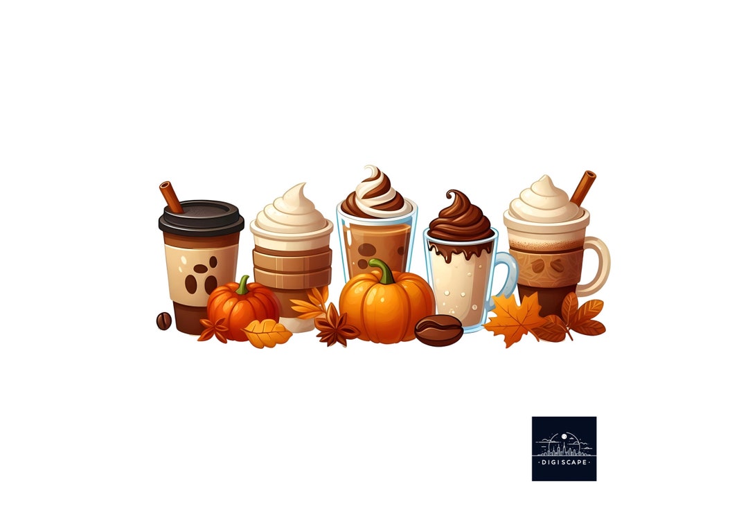 Fall Coffee Cups PNG, Halloween Latte Pumpkin Clipart, Digital Download ...
