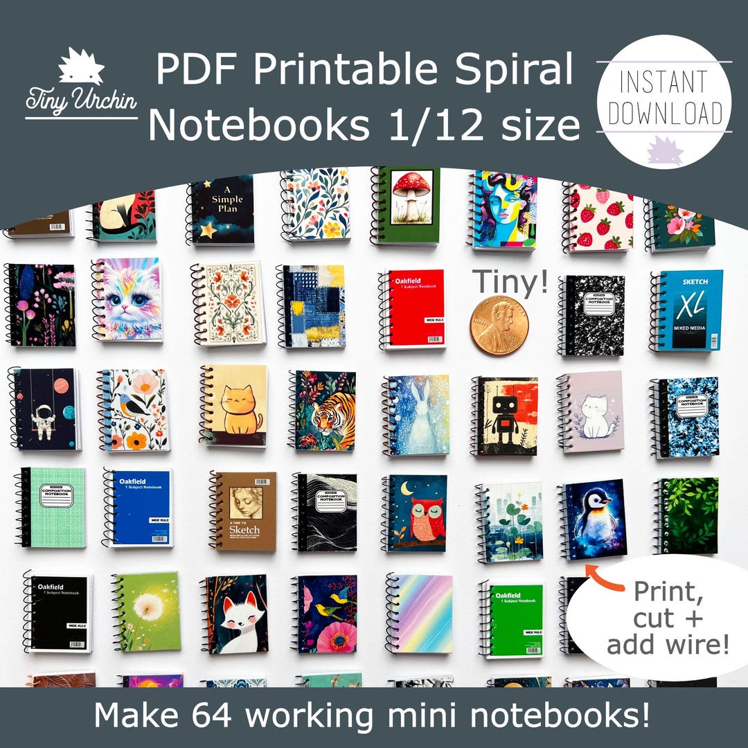 64 Miniature Spiral Notebooks Printable | 1:12 Scale Dollhouse DIY | 64 ...