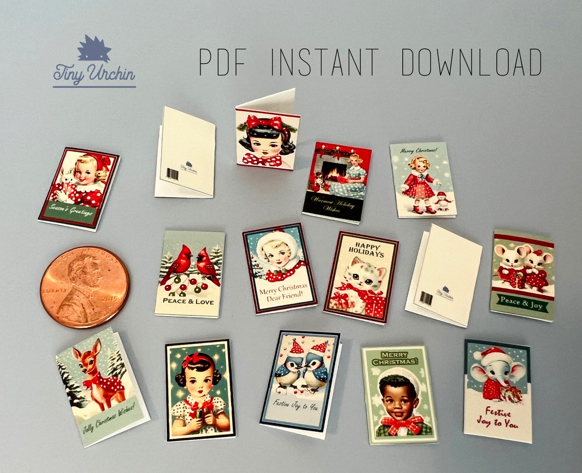 Miniature Christmas Cards - Vintage Style Greeting Cards - 1/12 and 1/6 ...