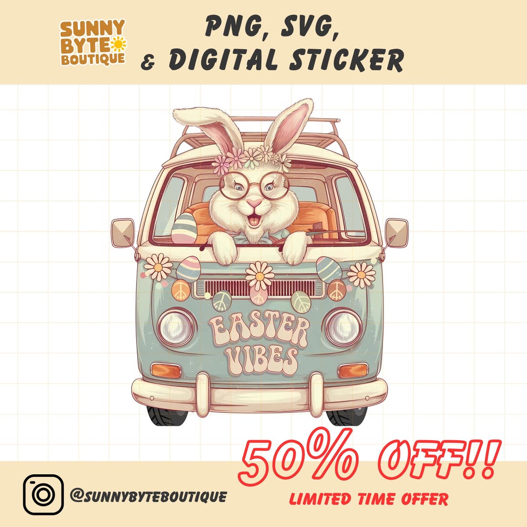 Easter Bunny PNG, Hippie Van, Retro Bunny Png, VW Van Bus, Easter Vibes ...