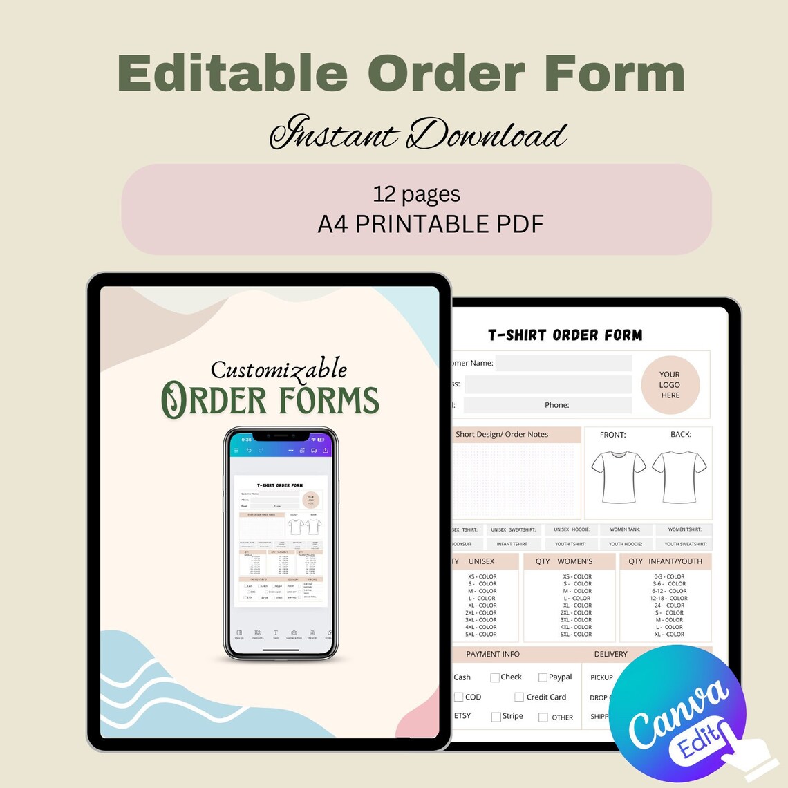 Order Form Template Editable Small Business Customizable Order Form T ...