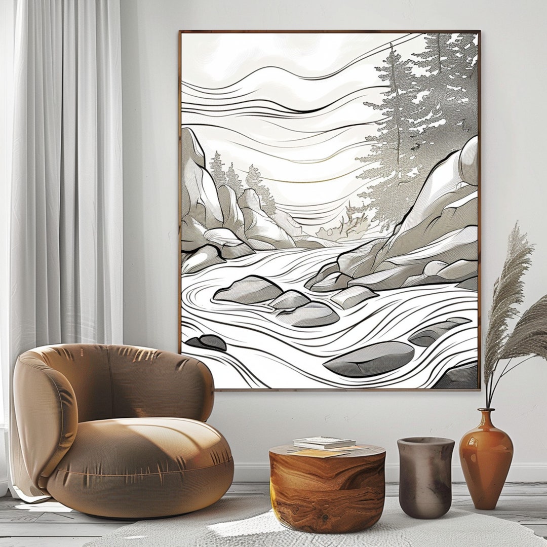 Flowing River Line Art Printminimalist Nature Wall Decorone-line Art of ...