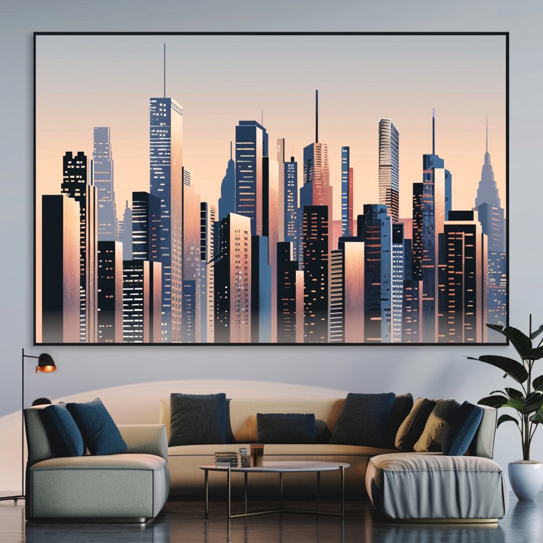Abstract One-line City Skyline at Dusk: Modern One-line Art of a ...