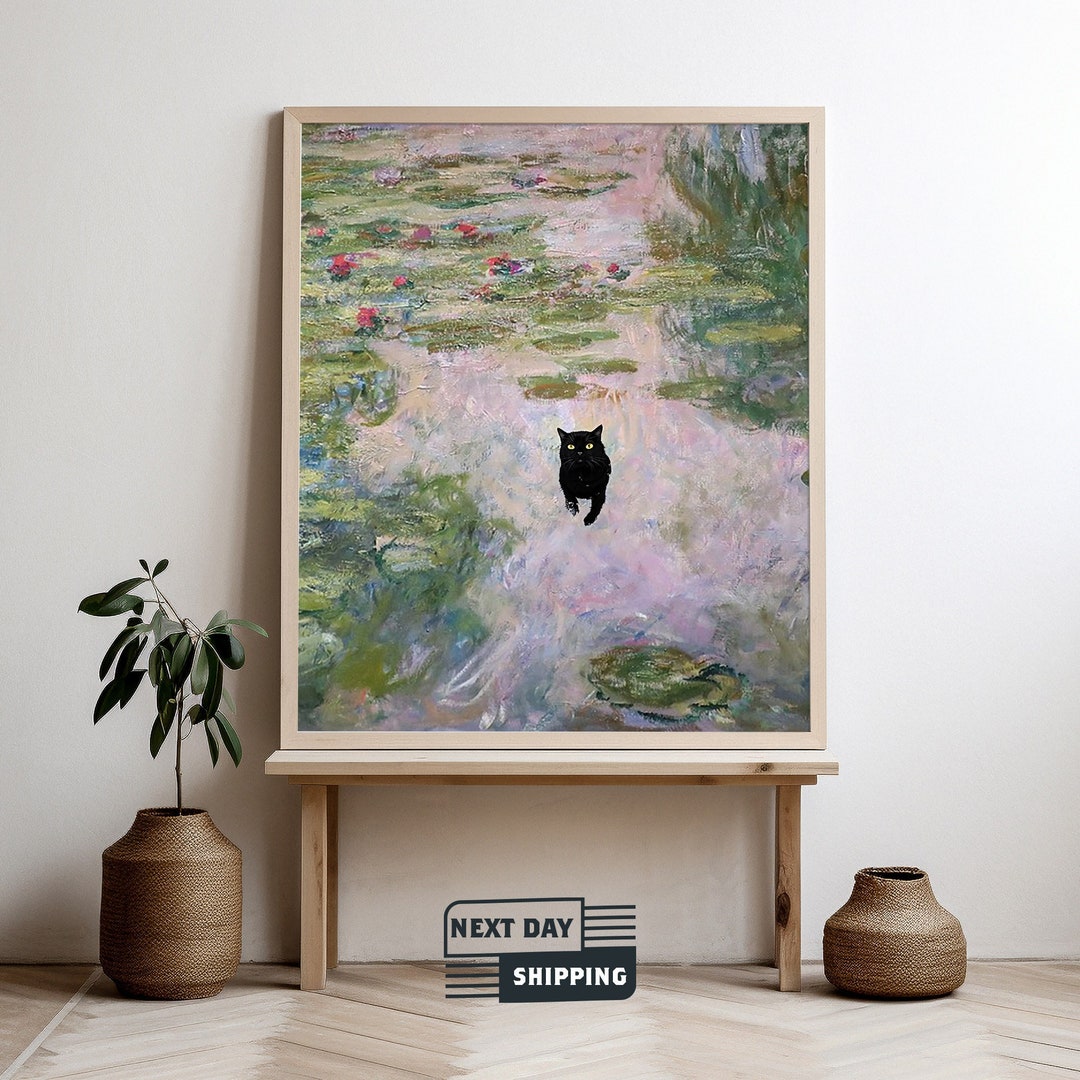 Monet Waterlily Cat Print, Claude Monet Cat Poster, Black Cat Poster ...