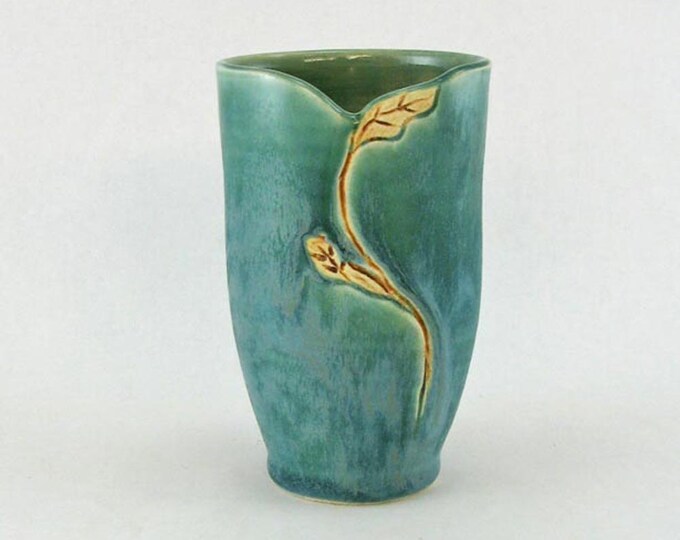 Small Teal Oval Ceramic Vase With Carved Leaves - Etsy