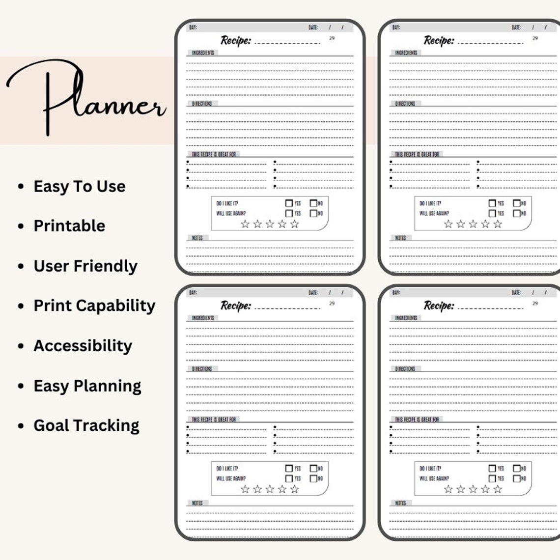 Recipe Planner Printable, Digital Meal Planner, Meal Prep Planner ...