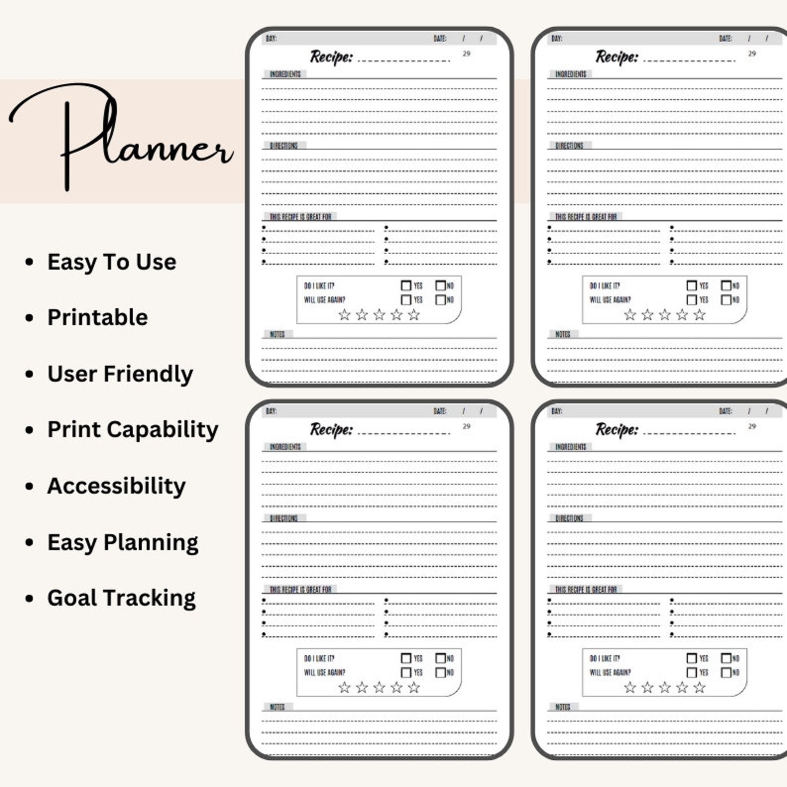 Recipe Planner Printable, Digital Meal Planner, Meal Prep Planner ...
