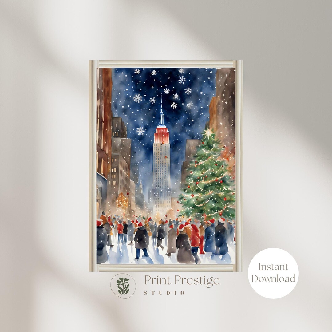 Christmas in New York Rockefeller Plaza Watercolor Poster, New York ...