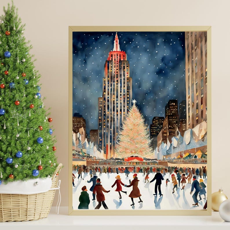 Vintage Christmas in NYC Wall Art Printable, Rockefeller Center Ice ...