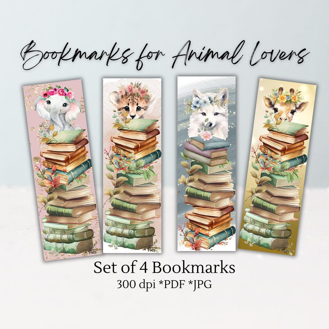 Stacked Books Printable Bookmarks for Animal Lovers, Elephant, Lion ...