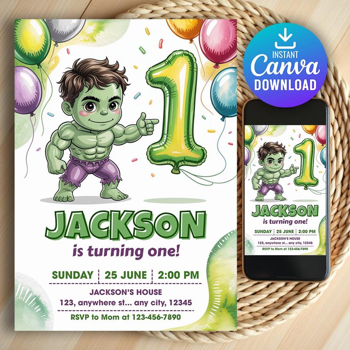1st Hulk Birthday Invitation, Green Superhero Party Invite, Editable ...