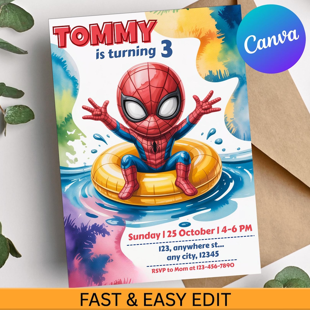 Spidey Pool Party Birthday Invite, Chibi Spiderman Bday Invitation ...