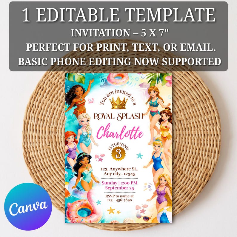 Royal Princess Pool Party Invitation, Summer Girl Boy Birthday Invite ...