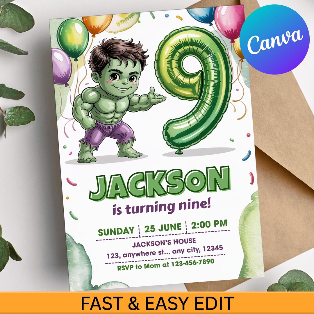 9th Hulk Birthday Invite, Editable Superhero Party Printable, Green ...