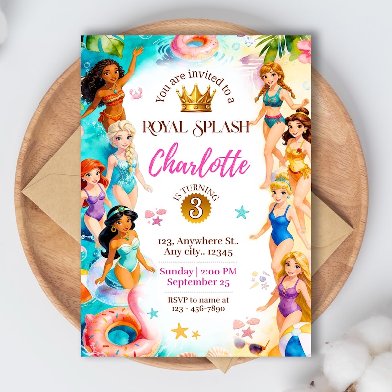 Royal Princess Pool Party Invitation, Summer Girl Boy Birthday Invite ...