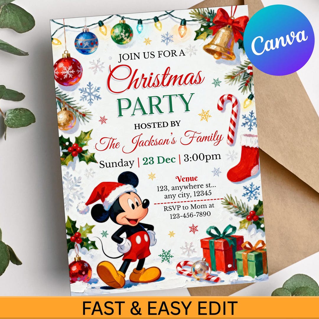 Mickey Mouse Christmas Invitation, Editable Christmas Party Invite ...