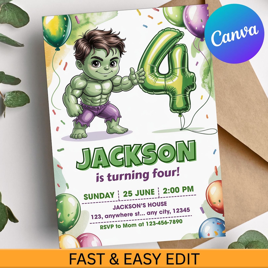 4th Hulk Birthday Invitation, Editable Hulk Party Invite, Green ...