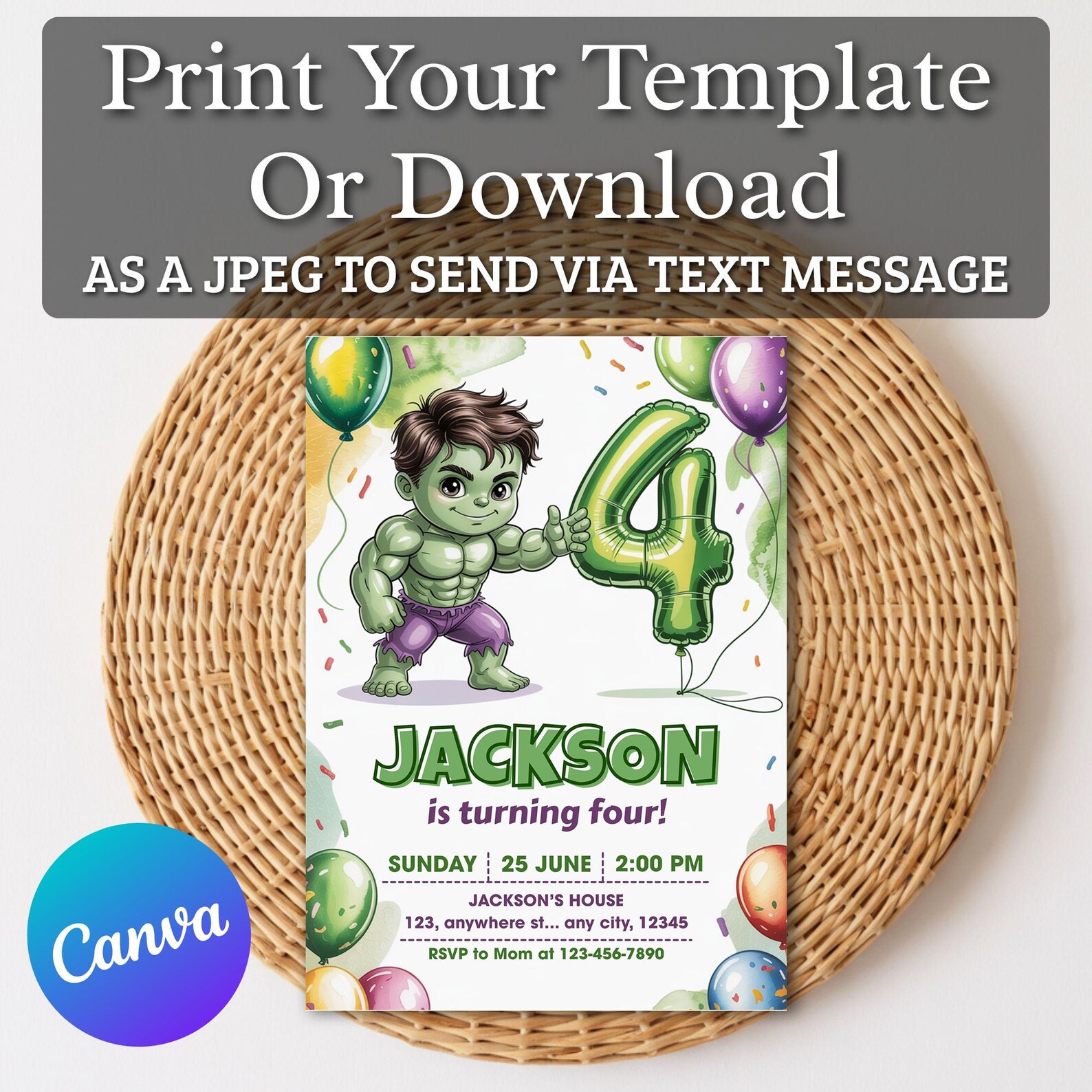 4th Hulk Birthday Invitation, Editable Hulk Party Invite, Green ...