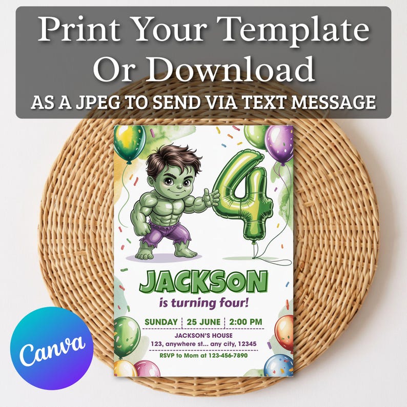 4th Hulk Birthday Invitation, Editable Hulk Party Invite, Green ...