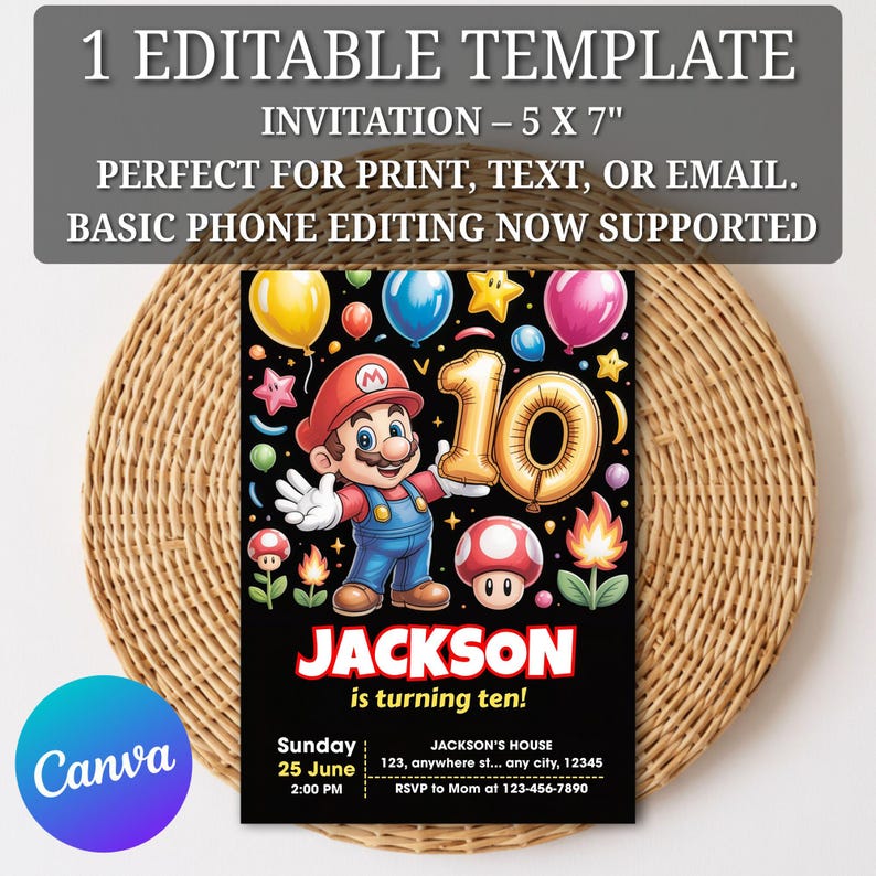 Black Super Mario 10th Birthday Invitation, Editable Canva Template ...