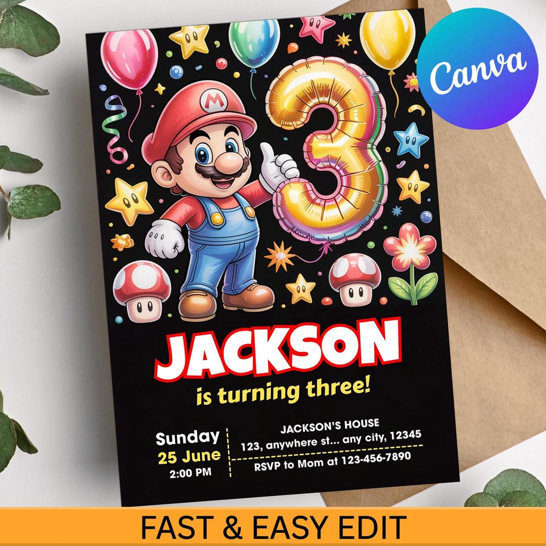 Super Mario 3rd Birthday Invitation, Editable Canva Template, Dark ...