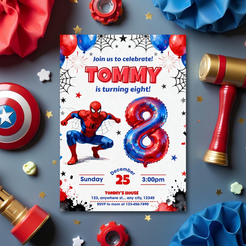 Spiderman 8th Birthday Invitation, Spiderman Birthday Party Invite ...