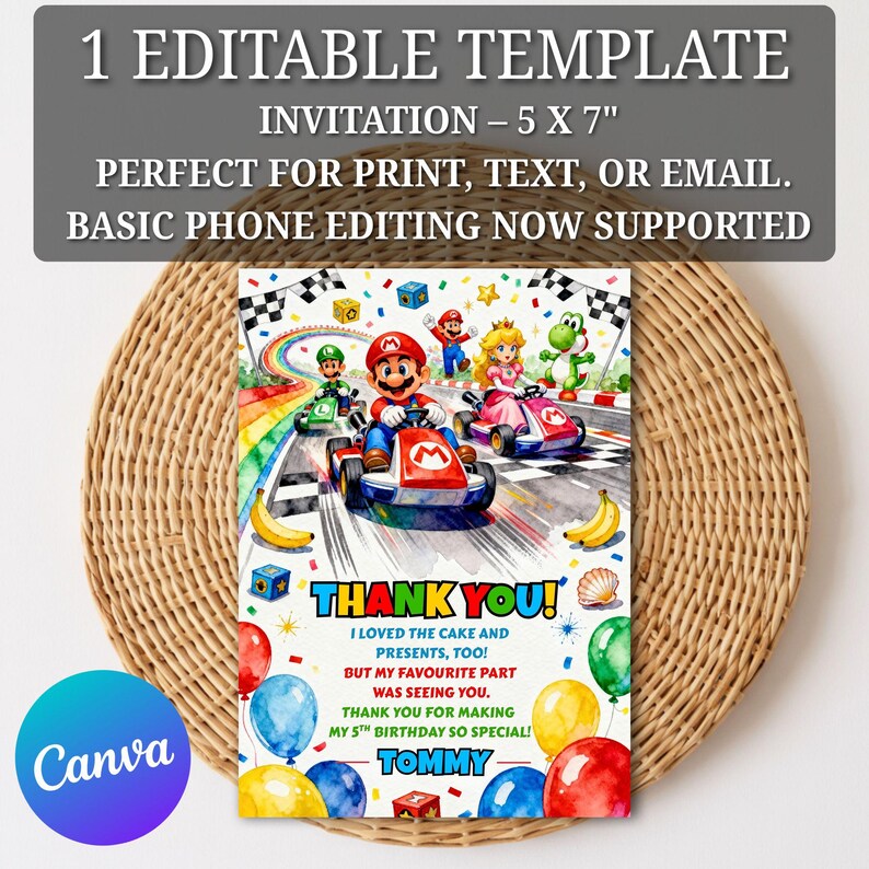 Mario Kart Thank You Card, Editable Template, Boys Birthday Party Favor ...