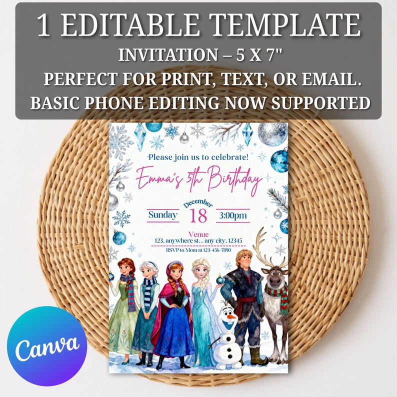 Elsa Frozen Birthday Invitation, Winter Wonderland, Editable Canva Card ...