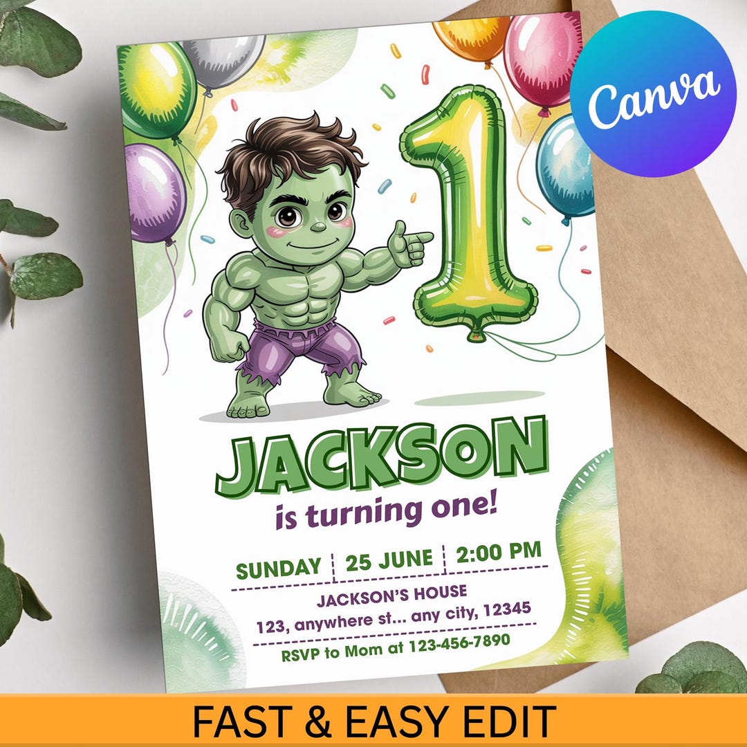 1st Hulk Birthday Invitation, Green Superhero Party Invite, Editable ...
