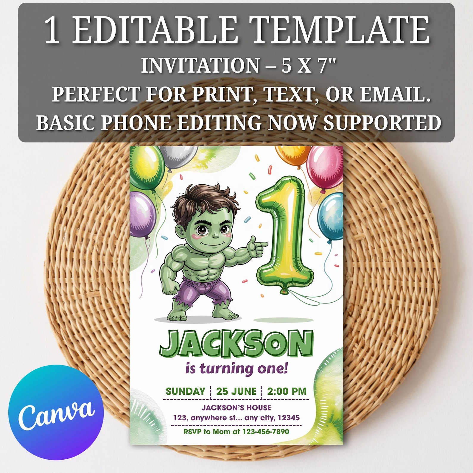1st Hulk Birthday Invitation, Green Superhero Party Invite, Editable ...