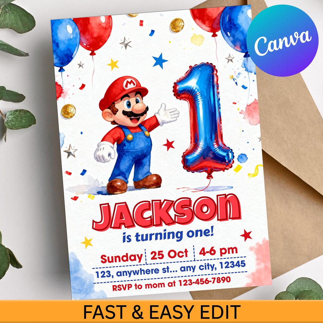 Super Mario 1st Birthday Invitation, Mario First Birthday Party Invite ...