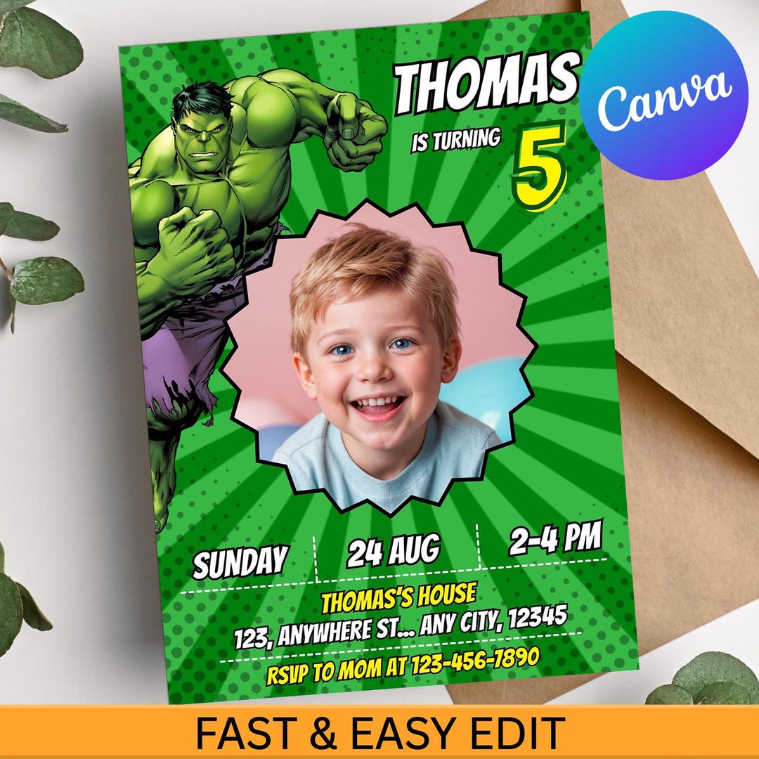 Custom Photo Hulk Birthday Invitation, Green Superhero Party Invite ...