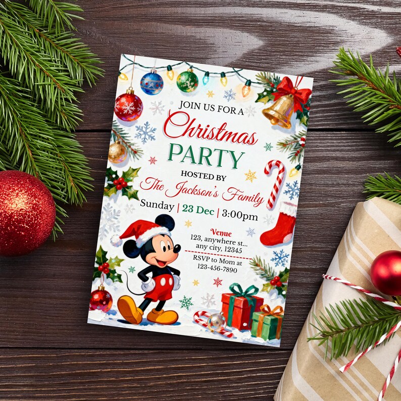 Mickey Mouse Christmas Invitation, Editable Christmas Party Invite ...