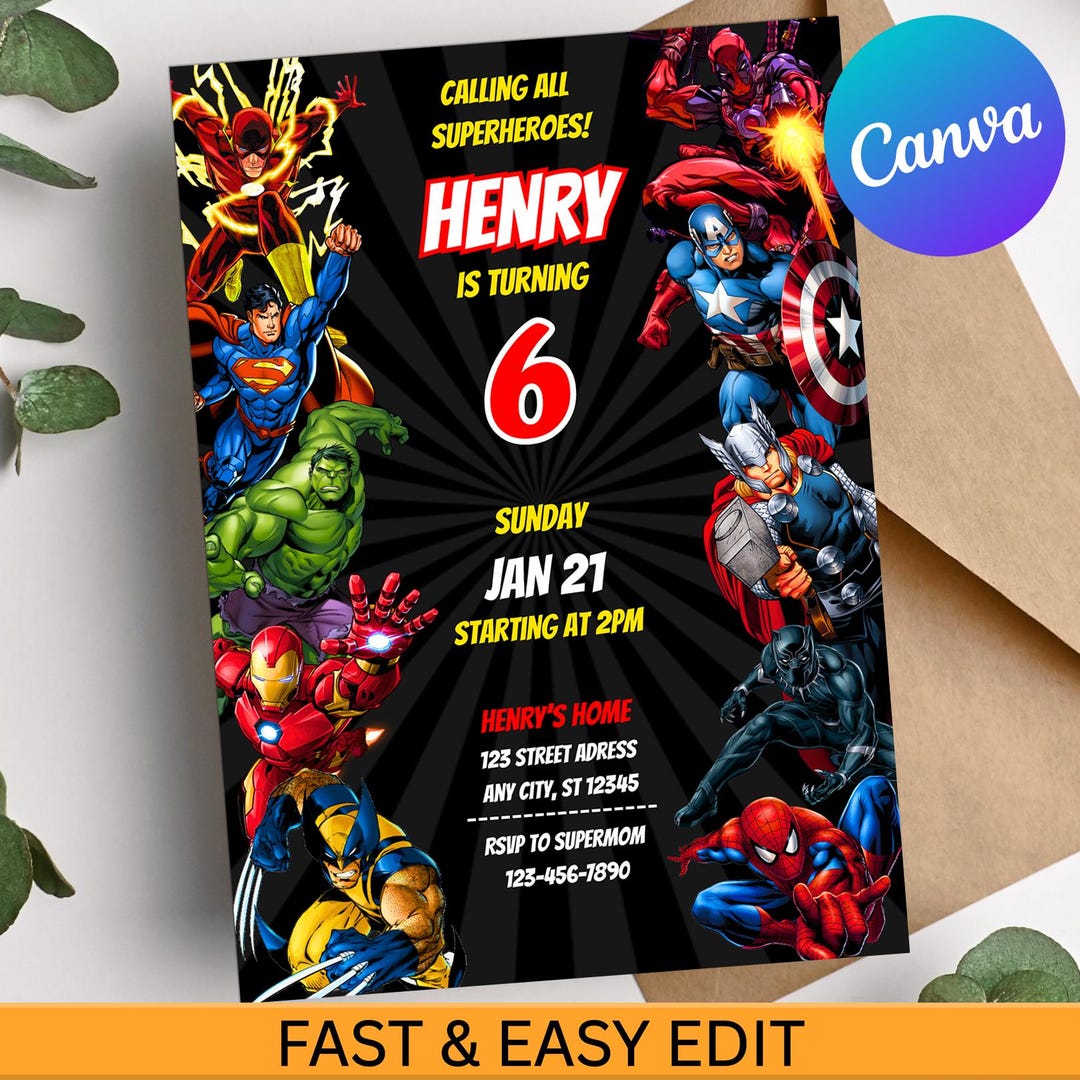 Marvel DC Superheroes Birthday Invitation | Digital Party Invite ...