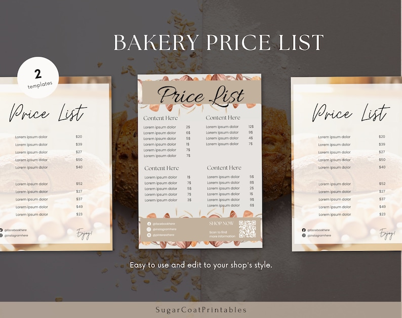 Bakery Price List Printable Classic Beige and Bread Print Set Instant ...