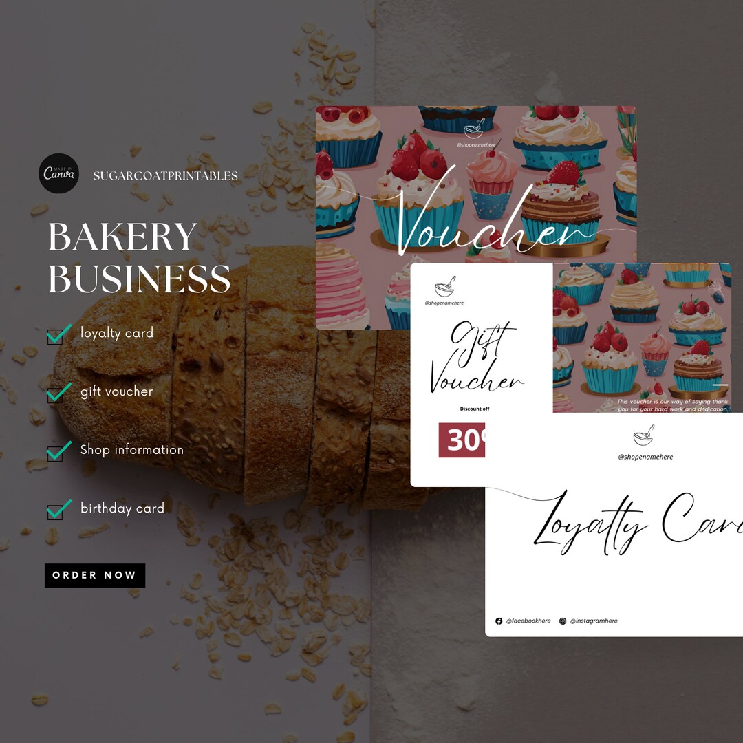 Editable Bakery Business Printable Set: Voucher, Loyalty Card, Birthday ...