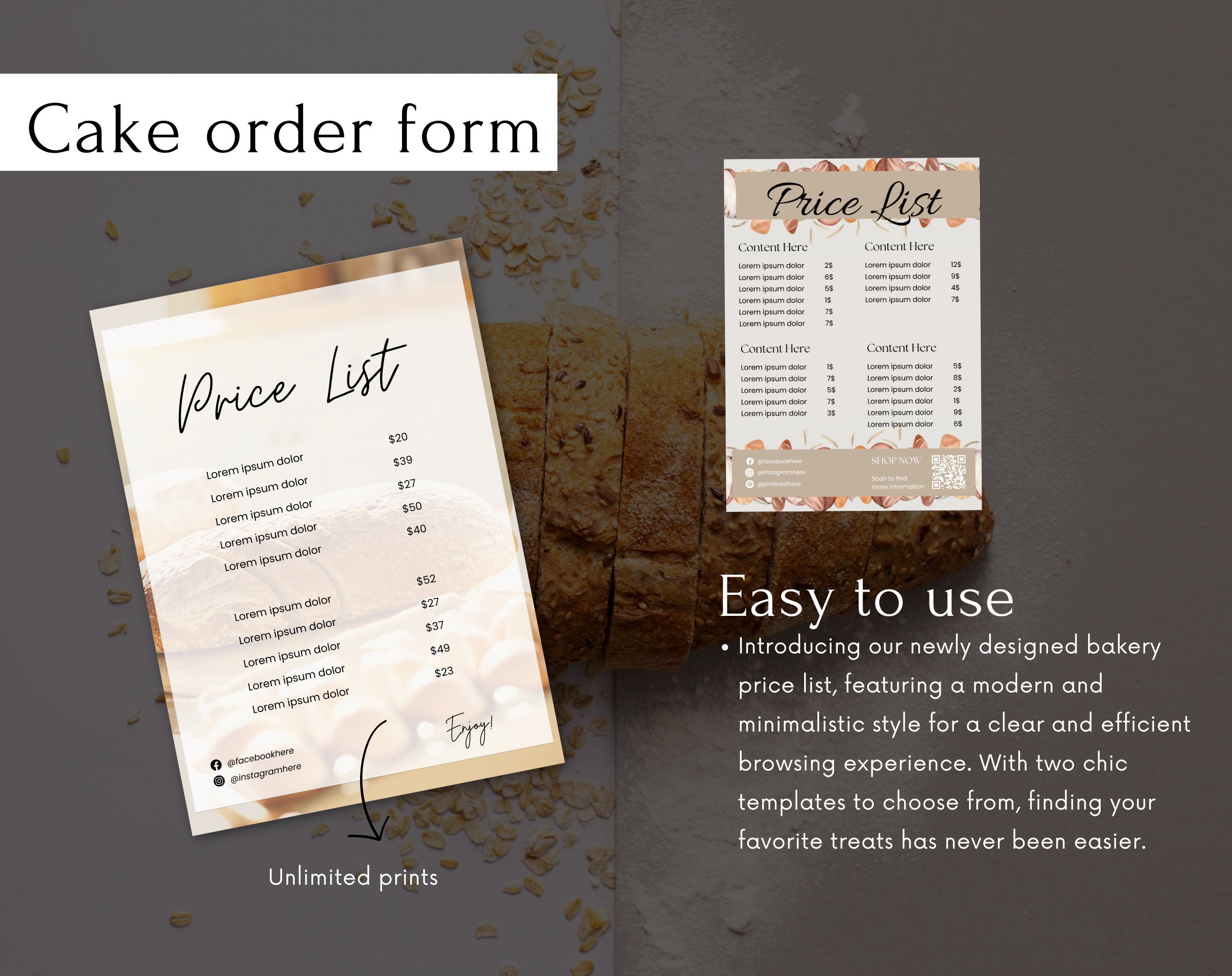 Bakery Price List Printable Classic Beige and Bread Print Set Instant ...