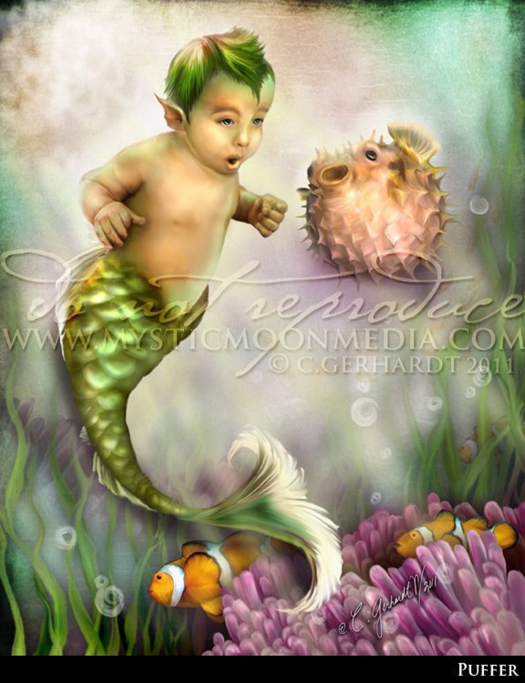 Puffer / Fantasy Art / Fantasy Painting / Bathroom Decor / - Etsy