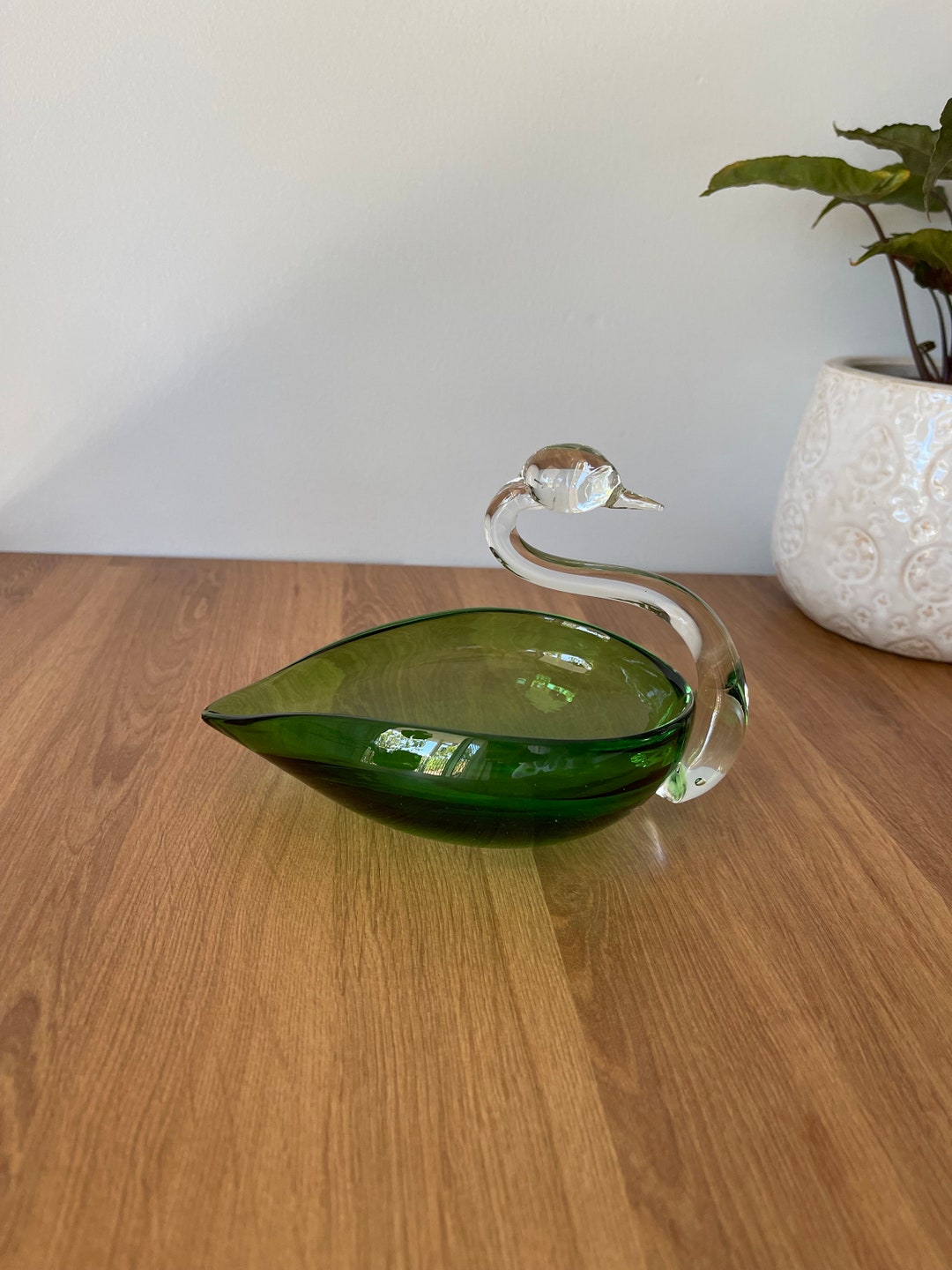 Vintage Murano Style Green Glass Swan Candy Dish, Mid Century Modern ...
