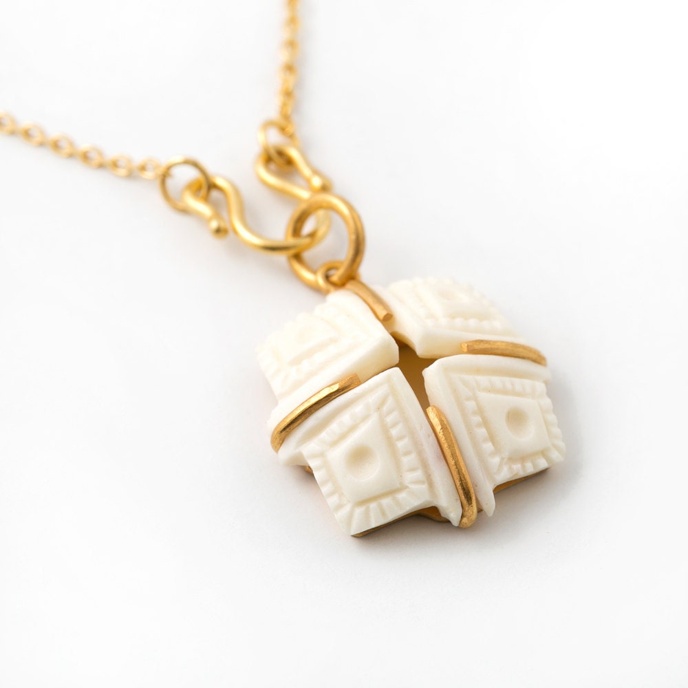 Hand Carved Square Shaped Bone Necklace 22k Gold Vermeil - Etsy