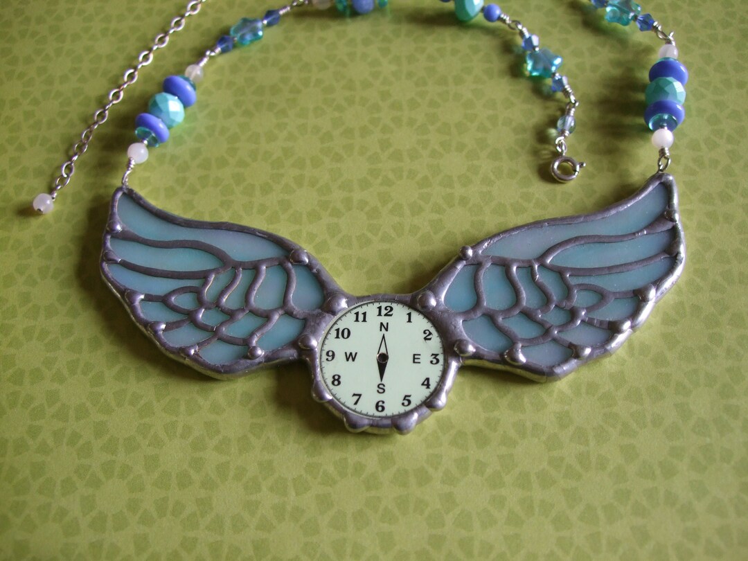 Time Flies Angel Wings Steampunk Necklace & Earrings Set Clock Stained ...